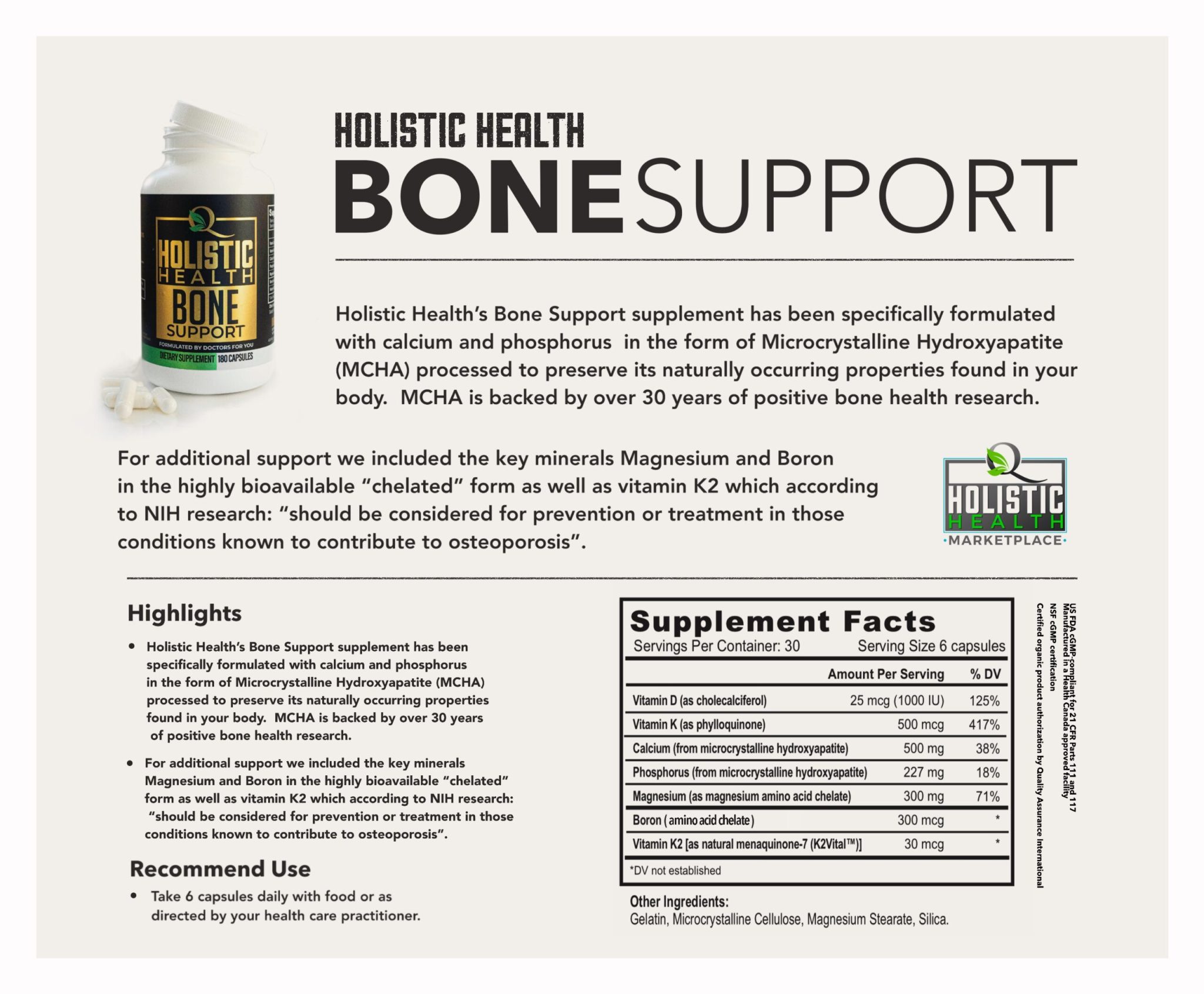 Bone Support Supplement with MCHA | Calcium, Magnesium, K2 & Boron